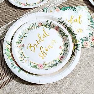 QIFU Bridal Shower Decorations Party Tableware - Pink and Gold Floral Paper Plates,Dessert Plates,Napkins and Forks Sets for 24 Guests, Celebrate the Bride-to-be Bachelorette Party Supplies