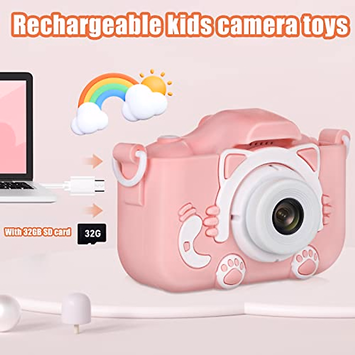 Vasttron Camera Toys for Kids 3 4 5 6 7 8 9 10 11 12 Years - Girls Boys Gift Digital Selfie Cameras Toddler Pink/Blue Cute Cat Camcorder Video Game Tools Children Electronics Toy with 32GB SD Card