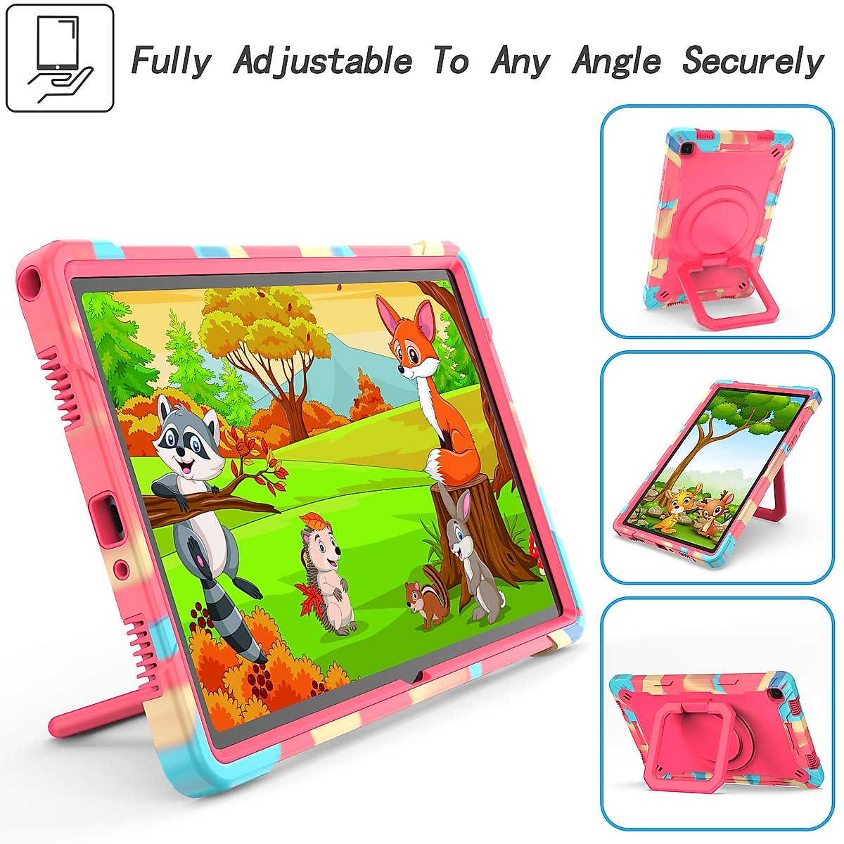 TDA Trading Case for Samsung Galaxy Tab A7 10.4" 2020 (SM-T500/ SM-T503/ SM-T505/ SM-T507) - Hybrid Shockproof 360 Rotating Multi-Functional Ring Stand Case with Shoulder Straps (Multicolor/Pink)
