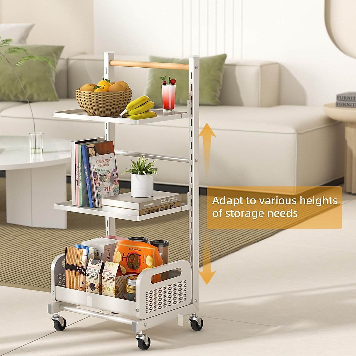 Aratan 3 Tier Rolling Cart, Small Utility Cart on Wheels, White Detachable Kitchen Cart Storage Organizer Cart with Wooden Handle for Home, Office and Classroom