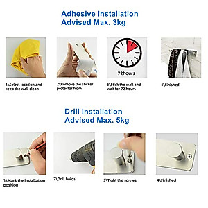 AJLTPA Coat Rack Wall Mounted, White Coat Hooks Adhesive & Screw in, Stainless Steel Door Hooks for Hanging Hat Towels Clothes, Hook Rail with 6 Round Hangers