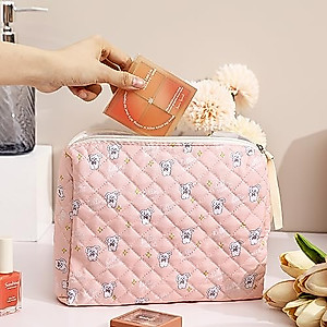 Paterr 3 Pieces Cotton Quilted Makeup Bag Set Coquette Cosmetic Bag Aesthetic Travel Toiletry pouch Cute Pouch Kawaii Aesthetic for Women(Pink,Pink Rabbit)