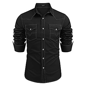 COOFANDY Mens Shirt Western Dress Long Sleeve Casual Cotton Button Down Denim Work, 01-Black, Large, Long Sleeve