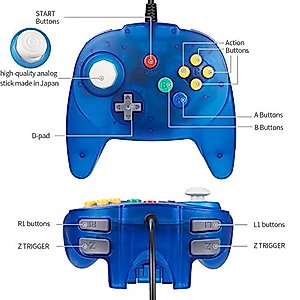 miadore 2 Pack Classic N64 Controller, Wired N64 Retro 64-bit Mini Gamepad Remote with Upgraded Japan Joystick for Ultra N64 Console Video Game System ( Blue/Green )