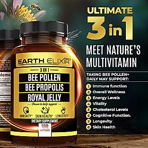 Earth Elixir 3-in-1 Bee Pollen Organic 840mg (180 Caps) W/ 840mg Bee Propolis Capsule & 840mg Royal Jelly Capsule - 3rd Party Tested - Bee Pollen Supplement - Organic Bee Pollen Capsule -No Fillers