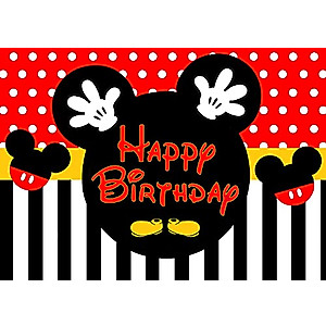 BINARY, Betta Mickey Mouse Photo Backdrop Mickey Happy Birthday Backdrop Red Black Stripes Dots Cartoon Mouse Backdrops for Baby Birthday Party Cake Table Background 6x4ft