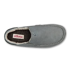 OLUKAI Kipuka Hulu Men's Leather Slippers, Premium Nubuck Leather Slip On Shoes, Shearling Lining & Gel Insert, Drop-In Heel Design, Charcoal/Charcoal, 11