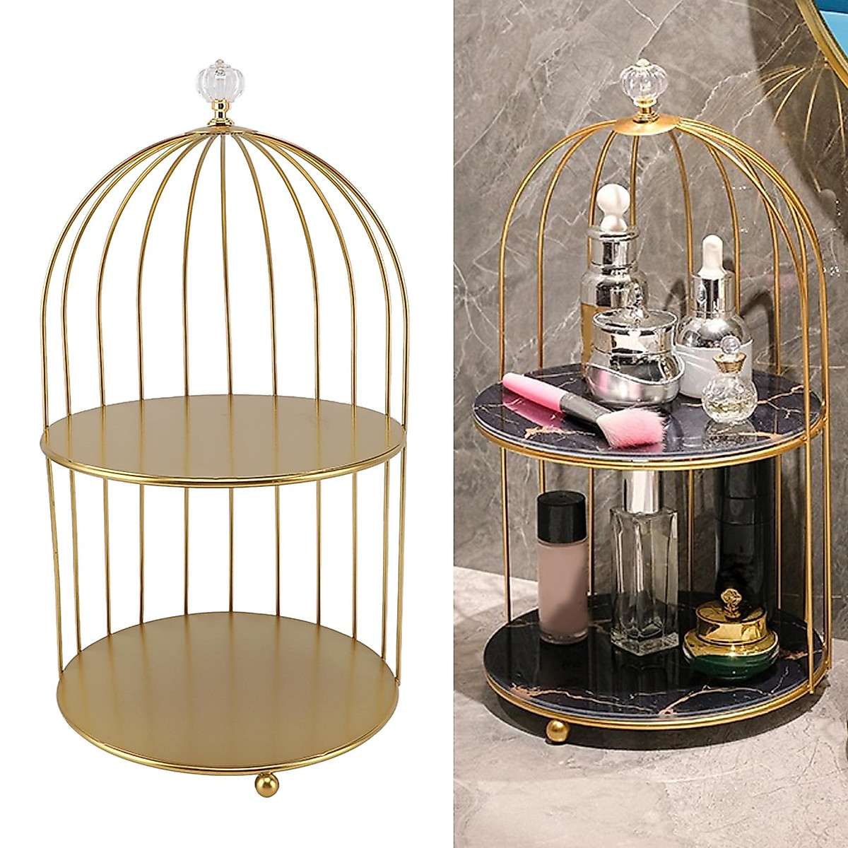 FTVOGUE Bird Cage Cosmetic Organizer,Cosmetic Rack Bird Cage Desktop Makeup Organizer Rack, Space Saving Iron Unique Makeup Display Rack for Home Bathroom, Gold (Double Layers)