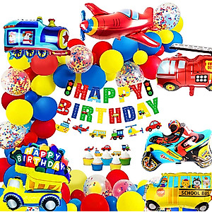 MOVINPE Transportation Birthday Decoration for Boys Happy Birthday Banner Cars School Bus Train Fire Truck Motorcycle Plane Foil Balloons Transport Vehicles Cake Topper Kids 2nd Birthday Decor