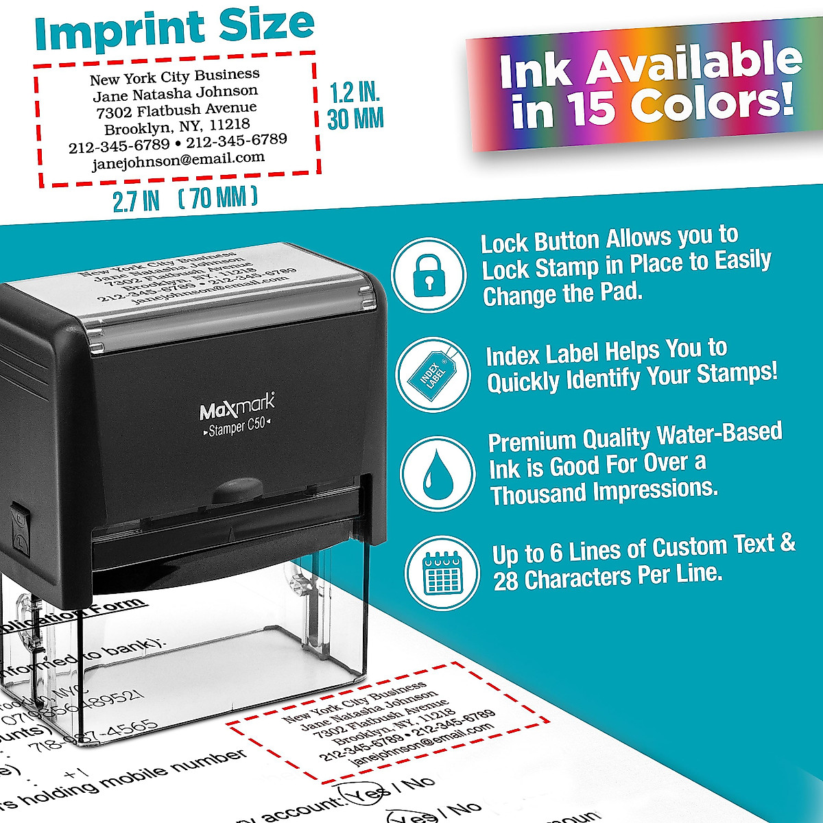 MaxMark Customized Self Inking Stamp - Up to 6 Lines of Text - X-Large Size - Choose from 15 Ink Colors