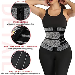 KIWI RATA Neoprene Sauna Waist Trainer Corset Sweat Belt with 2 Straps for Women Sweat Band Compression Cincher Workout Fitness Trimmer,#1 Zipper Grey,X-Large