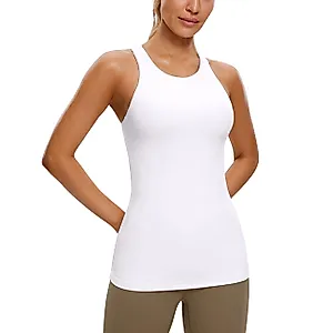 CRZ YOGA Butterluxe Womens Racerback High Neck Tank Top - with Built in Bra Workout Padded Yoga Athletic Camisole White Medium