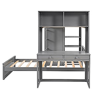 Twin Size Loft Bed with Desk and Wardrobe, Wood Loft Bed Frame with Storage Shelves and A Stand-alone Bed, Twin Over Twin Bunk Bed Frame for Kids Teens Adults (Bottom Bed Can Be Moved, Gray)