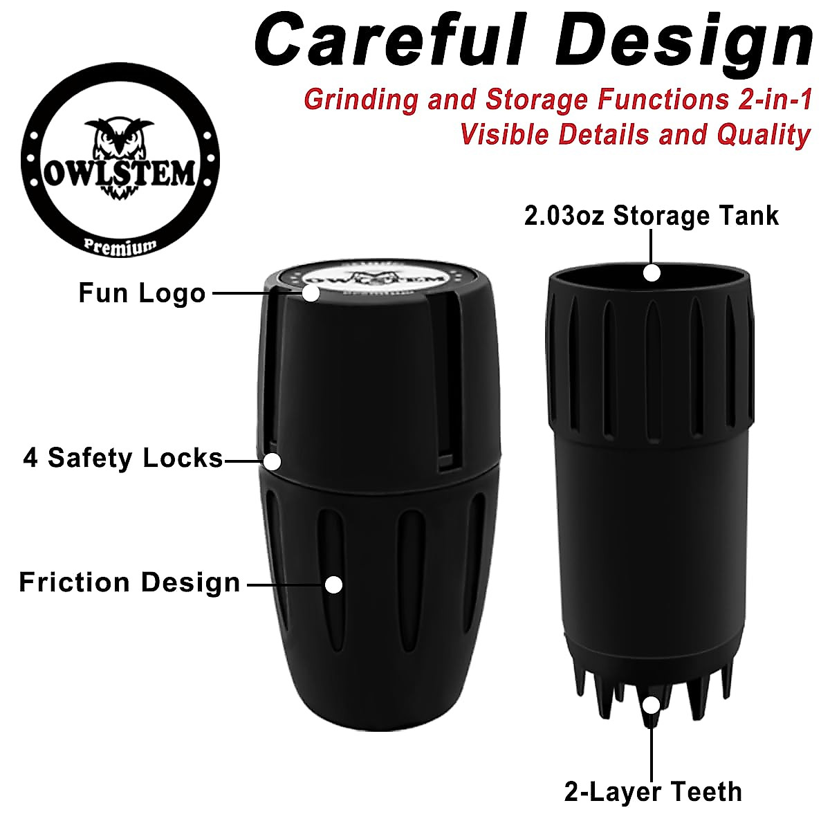 OWLSTEM Grinder, 2-in-1 Grinding & Storage Design-Suitable for Home, Outdoor & Kitchen Use (Black)