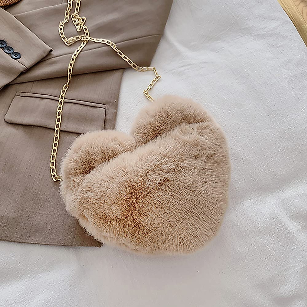 COSTYLE Valentine's Day Women Chain Plush Heart-shaped Bag Faux Fur Crossbody Bag Daily Cute Pouch Plush Wallet Red (Brown)
