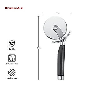 KitchenAid Gourmet Stainless Steel Pizza Wheel with Sharp Blade to Easily Cutting Pizza Crusts, Pies, and more, Finger Guard for Safety and Comfort Grip to Protect Fingers, Dishwasher Safe, Black