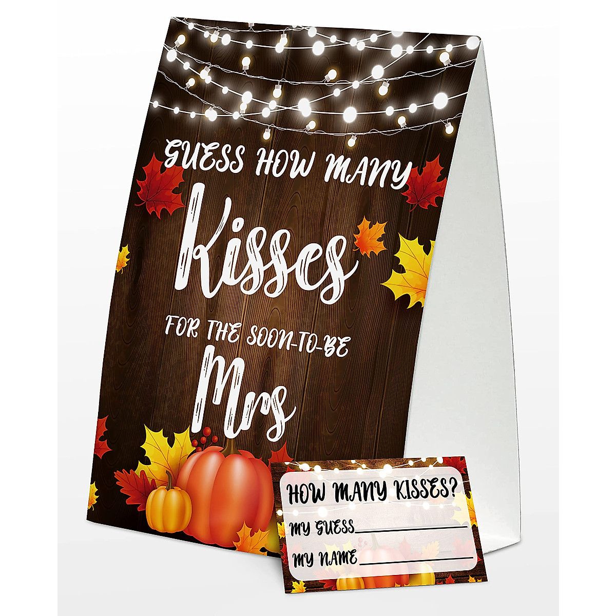 Guess How Many Kisses Bridal Shower Game, Game Kit (1 Standing Sign + 50 cards), (Wood Pattern Fall Pumpkin Maples Leaves) Bridal Shower Party Game, (A047-Kiss)