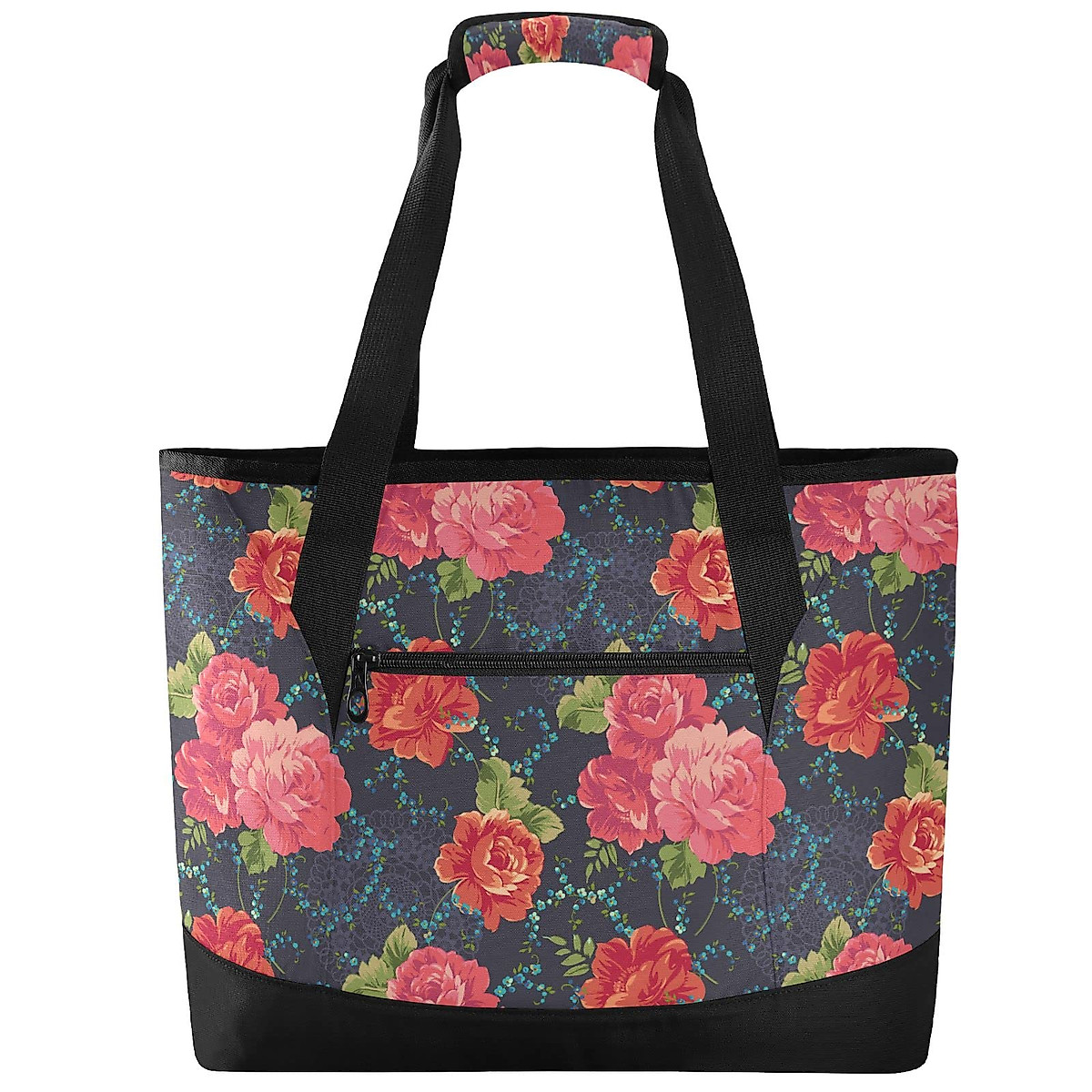 ALAZA Classic Red Flowers Cooler Bag Insulated Lunch Bag for Women Men, Reusable Leakproof Cooler Tote Shoulder Bag for Picnic Camping Work Office Beach