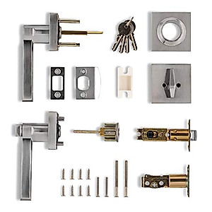 Berlin Modisch Entry Lever Door Handle and Single Cylinder Deadbolt Lock and Key Slim Square Locking Lever Handle Set [Front Door or Office] Right & Left Sided Doors Heavy Duty – Satin Nickel Finish