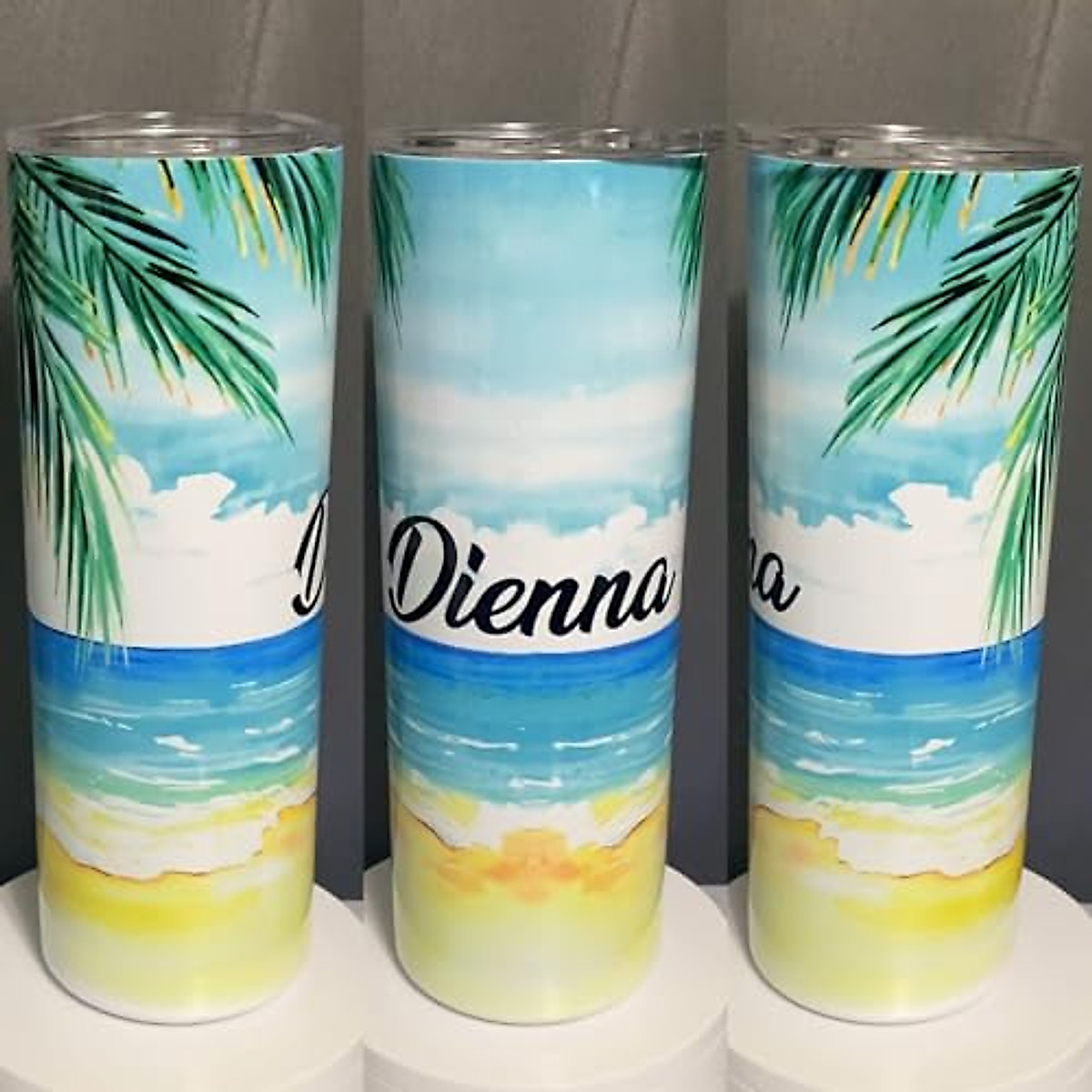 Sungalaxy Beach Skinny Tumbler, Tropical Beach Insulated Vacuum Skinny Tumbler with Lid, Summer Life Vacation Tumbler Gifts for Mother Women Men (30 oz)