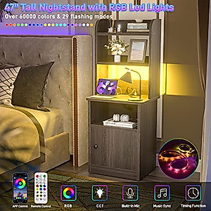 Tall Nightstand with Charging Station and LED Lights - 47" Tall Bedside Table with Adjustable Bookshelf, Industrial End Table Side Table with Storage Cabinet for Home Office, Enoch Walnut