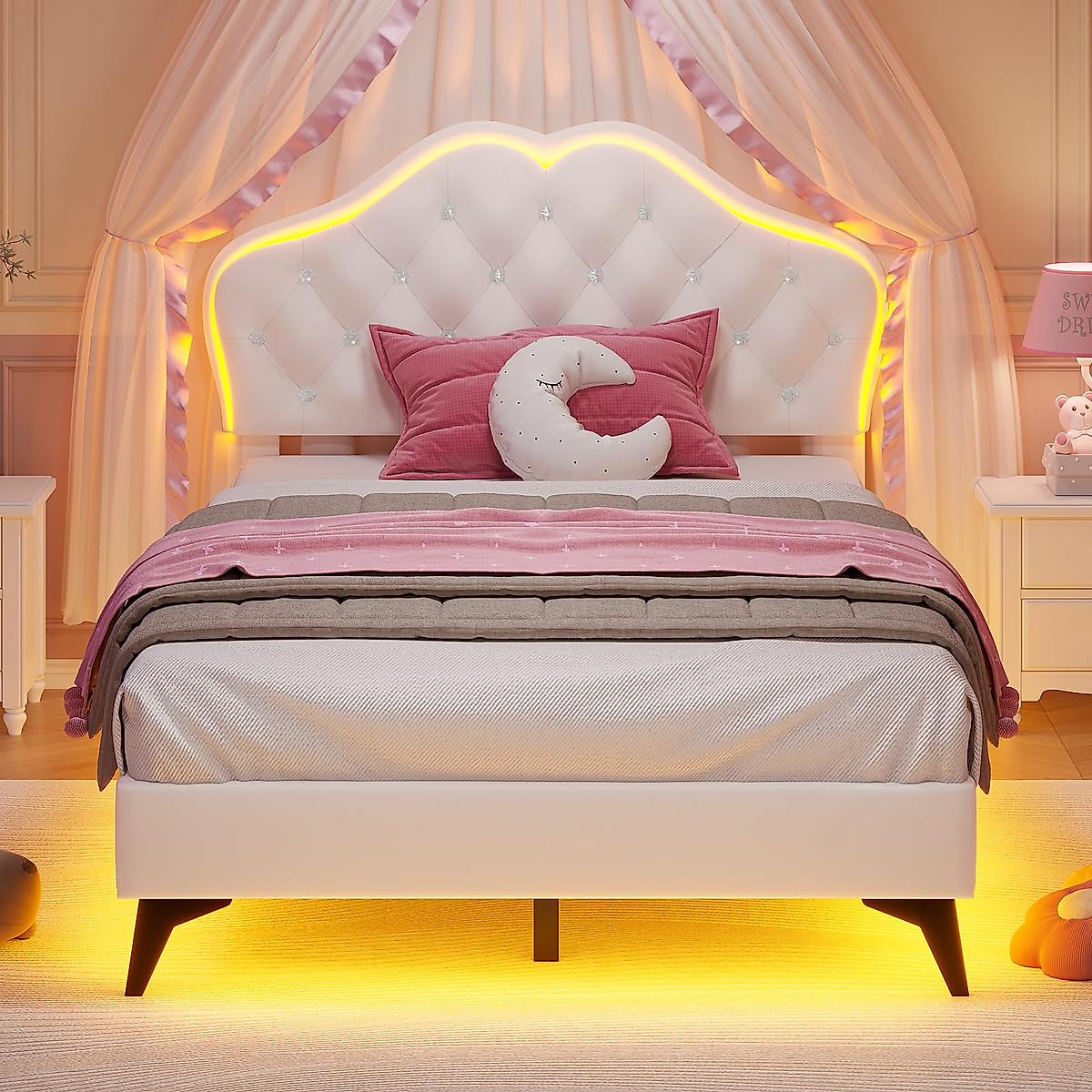 ADORNEVE Twin Bed Frame with RGB LED Lights, Princess Bed Frame with Adjustable Crystal Button Headboard, Velet Upholstered Platform Bed for Girls, Solid Wooden Slats, Easy Assembly, Creamy White