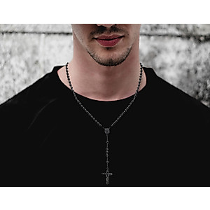 Stainless Steel Beaded Rosary Cross Necklace –6MM Crucifix Cross Medallion Rosary Chain Y-Necklace for Women & Men Religious Jewelry Comes in Silver, Gold, Rose, Black Color with a Gift Box (BB)