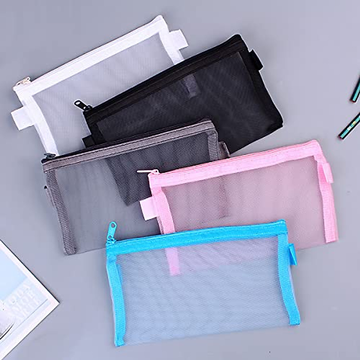 LOPURO Mesh Pencil Pouch, 4Pcs Clear Exam Pencil Case Portable Transparent Big Capacity Pencil Bag with Zipper Makeup Pouch for Office Stationery and Travel Storage (white grey pink)