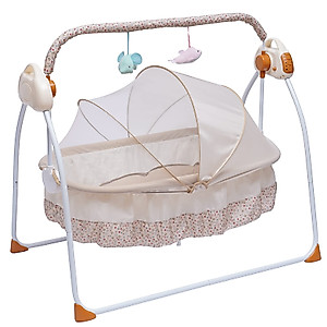 LOYALHEARTDY Baby Cradle Swing 5 Speed Electric Stand Crib Auto Rocking Chair Bed with Remote Control Infant Musical Sleeping Basket for 0-18 Months Newborn Babies, Mosquito Net+Mat+Pillow (Khaki)