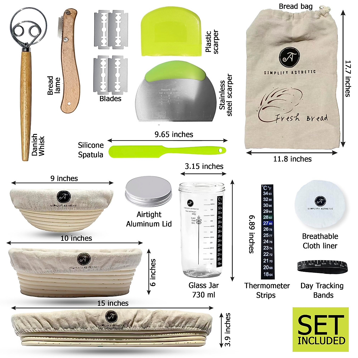 Banneton Bread Proofing Basket - A Complete Sourdough Bread Baking Supplies - Bread Baking Supplies - Sourdough Starter Jar - Indonesian Proofing Basket Set of 22-9" Round, 10" Oval, 15"Baguette