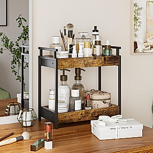 KLM Countertop Coffee Station Organizer, 2 Tier Wooden Shelf for Coffee Bar Accessories, Condiment Storage Caddy for Kitchen, Bathroom Counter Organizer, Home, Office - Brown