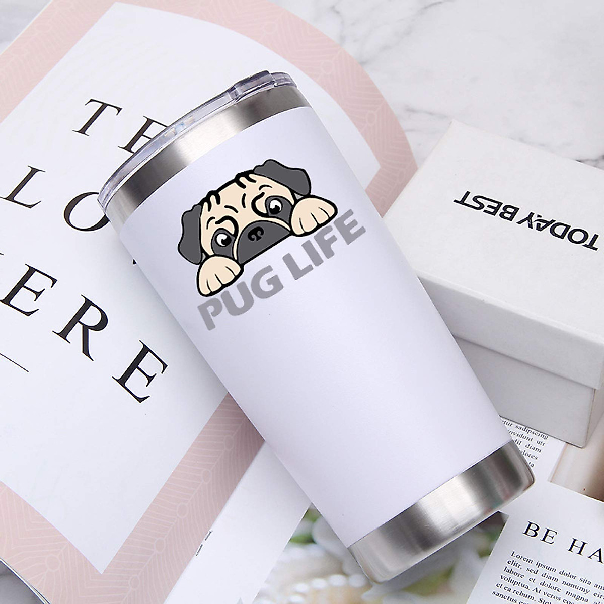 Aigang Funny Tumbler Pug Gift for Pug Lovers Friends Family Coworkers Kids Birthday Father's Day Puppy Coffee Cup 20oz Stainless Steel Travel Mug Thermal Water Bottle for Hot & Cold Drinks