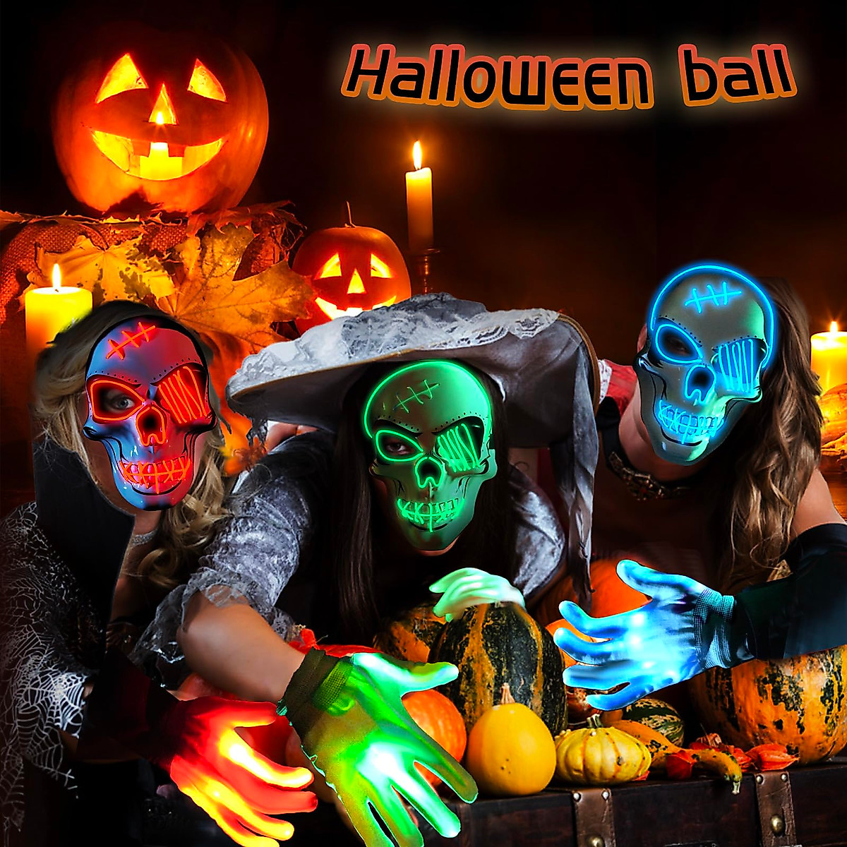 OceanWings Halloween LED Mask with Gloves Light up Costumes Scary Mask for Party Supplies Favor(Red&Gloves)