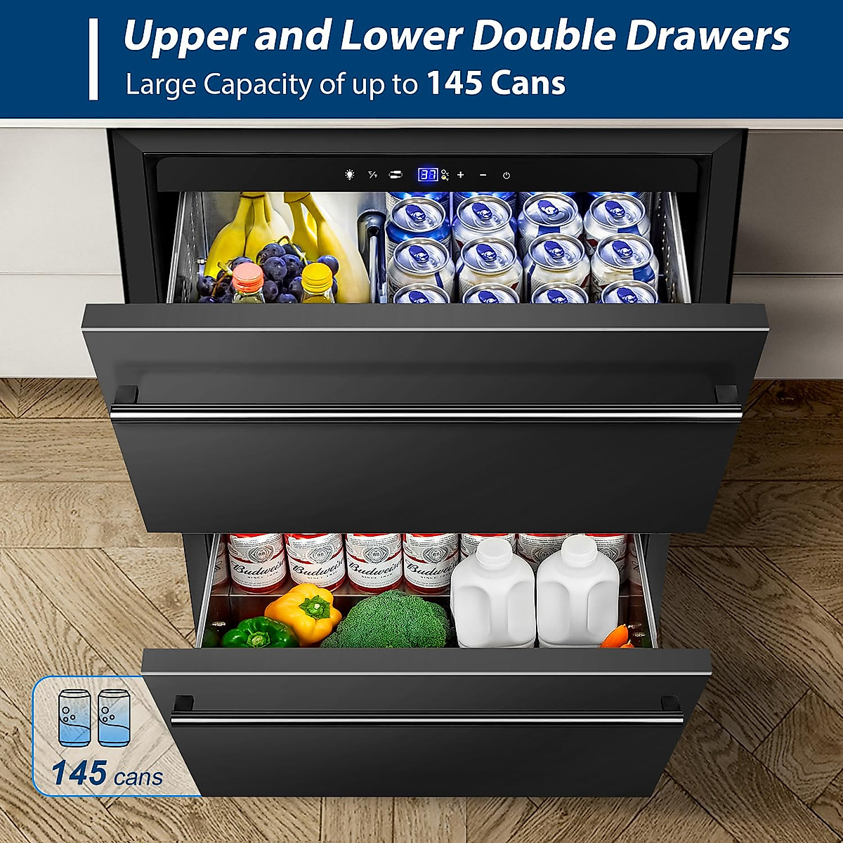 Tylza Under Counter Drawer Fridge 24 Inch, Built-in/Freestanding Beverage Refrigerator for Home and Commercial Use, Stainless Steel Material, Fast Cooling, Low Noise, Black