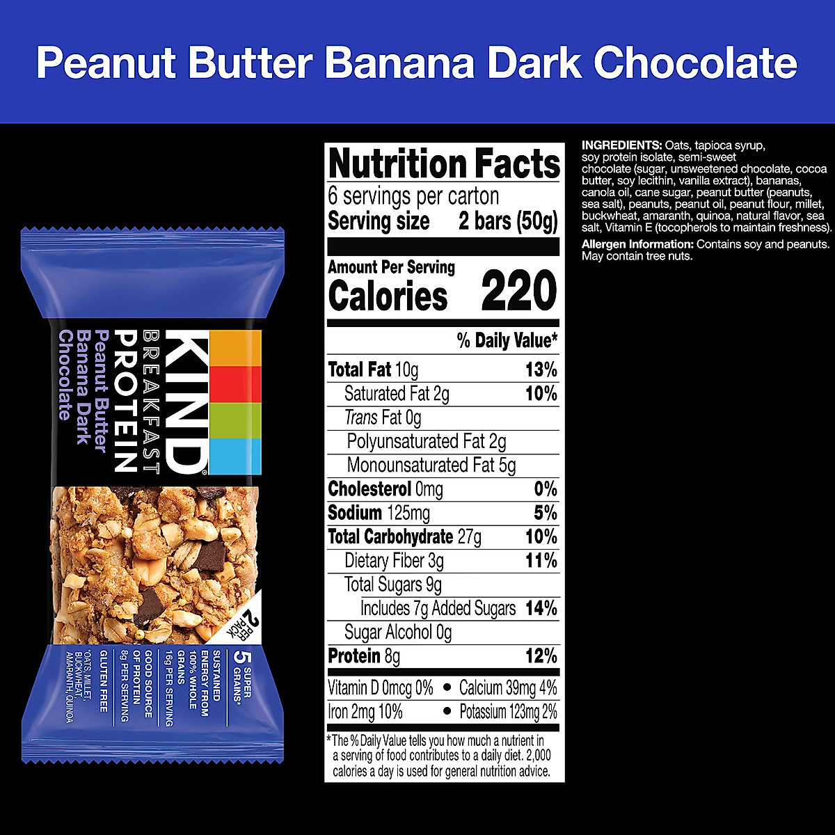 KIND Breakfast, Healthy Snack Bar, Peanut Butter Banana Dark Chocolate, Gluten Free Breakfast Bars, 8g Protein, 1.76 OZ Packs (30 Count)