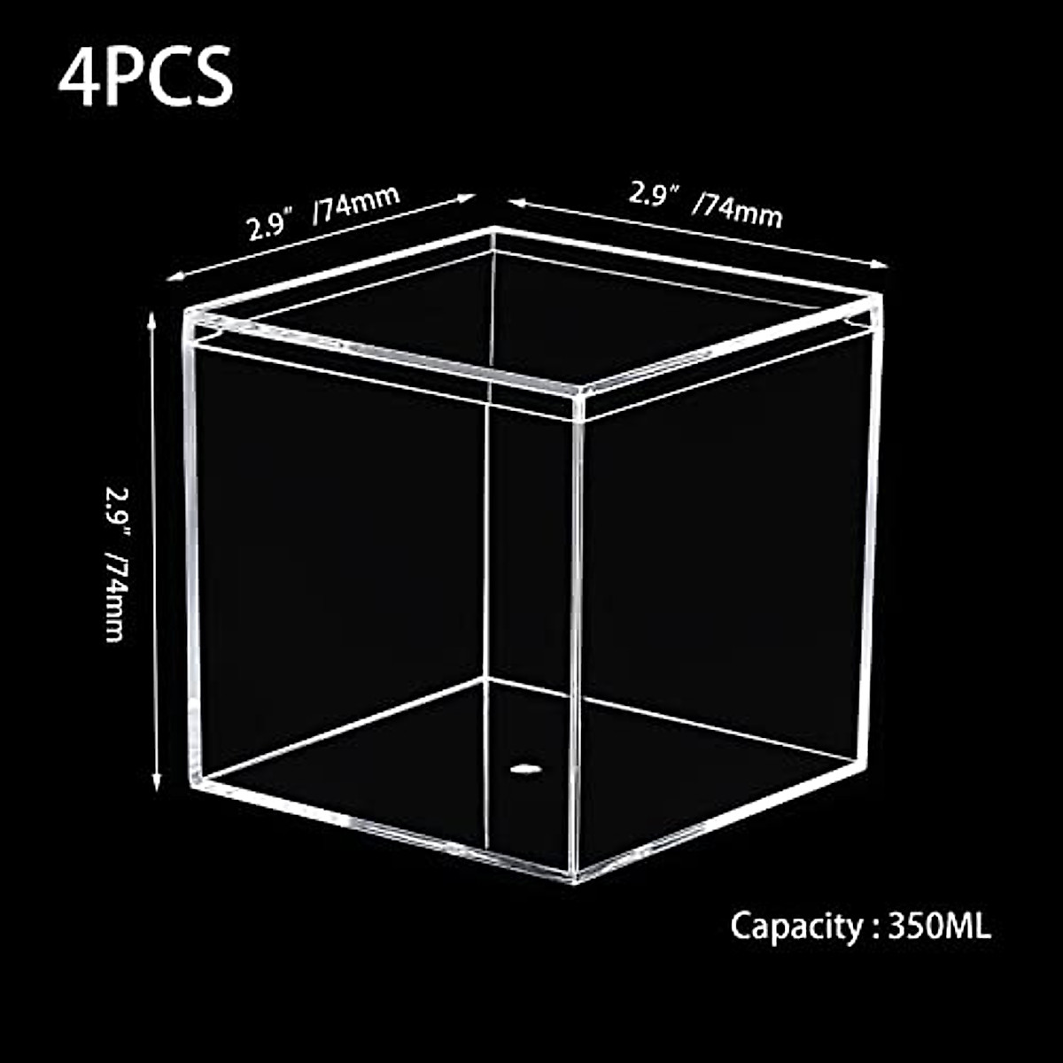 Tighall 4PCS Clear Acrylic Square Cube Organizer Plastic Boxes for Display Box with Lid for Sugar,Nut,Yogurt,Beads,Office Supply, Gift box, 2.9"/74mm