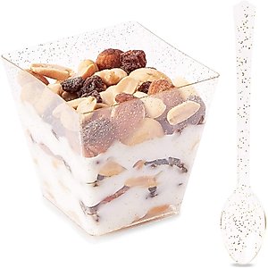 120 Pieces 7.5 oz Mini Dessert Cups with Spoons, Serves 60 Disposable Square Plastic Shooter Appetizer Parfait Bowl and Small Spoon Set, Clear Gold Glitter