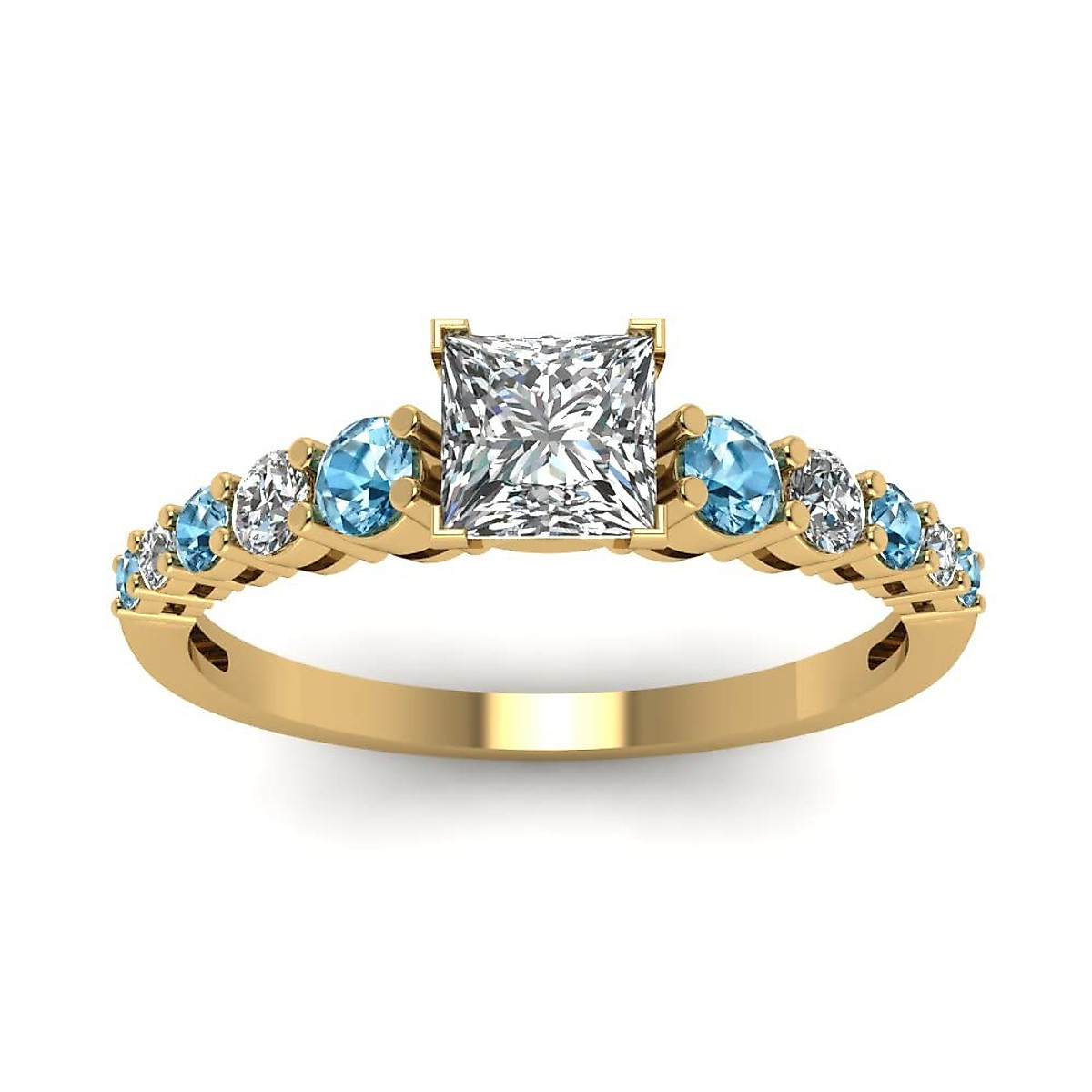 CustomizedGifts Graduated Diamond Engagement Ring yellow gold plated Natural Blue Topaz Princess shape Blue color Petite Engagement Rings prong Setting in Size 4 Fashion Jewelry