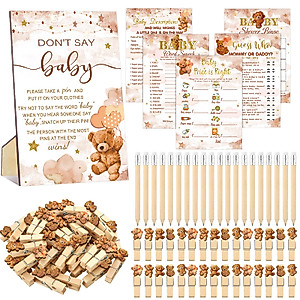 Patelai 321 Pcs Baby Shower Games Supplies, 5 Sets (50 Cards Each) Activities Cards with 20 Pencils 1 Don't Say Baby Sign 50 Clothespin(Brown Bear)