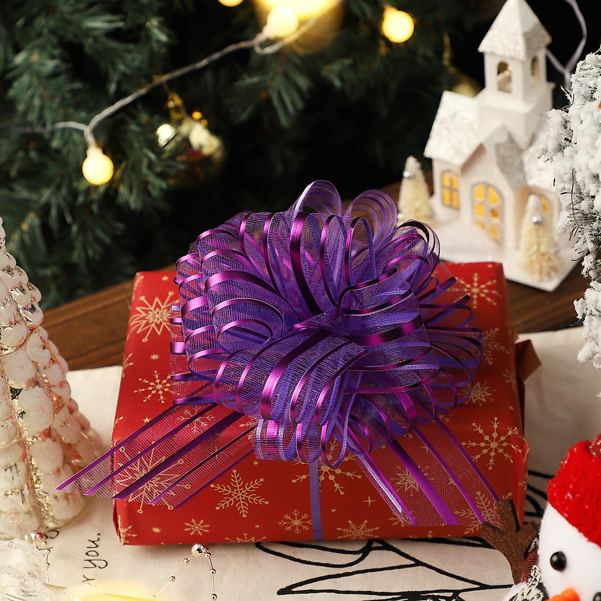 6 Pieces Pull Bow Large 6 Inch Organza Pull Bow Present Wrapping Pull Bow with Ribbon for Gift Wrapping Baskets Wedding (Purple)