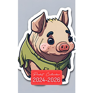 Pocket Calendar 2024-2026: Two-Year Monthly Planner for Purse , 36 Months from January 2024 to December 2026 | Cartoon cute pig | Vermeer style