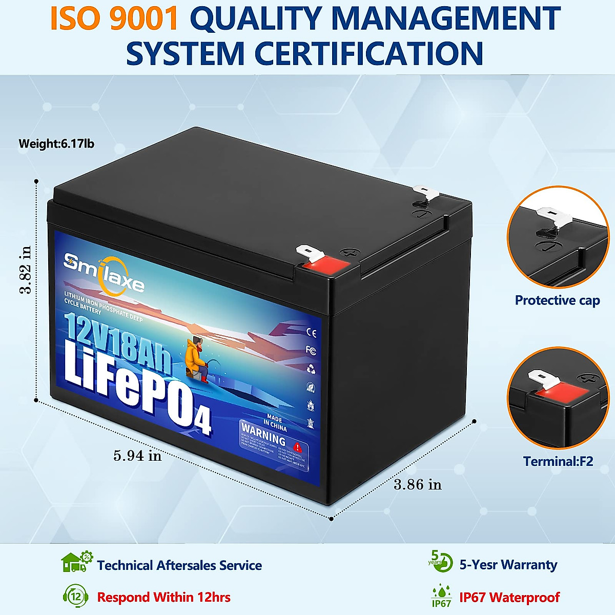 Smilaxe 12V 18AH Lifepo4 Lithium Battery, Prefect for Marine, UPS, Backup, Rid on Car, Trolling Motor, Fish Finder, Power Wheel, Built in 20A BMS