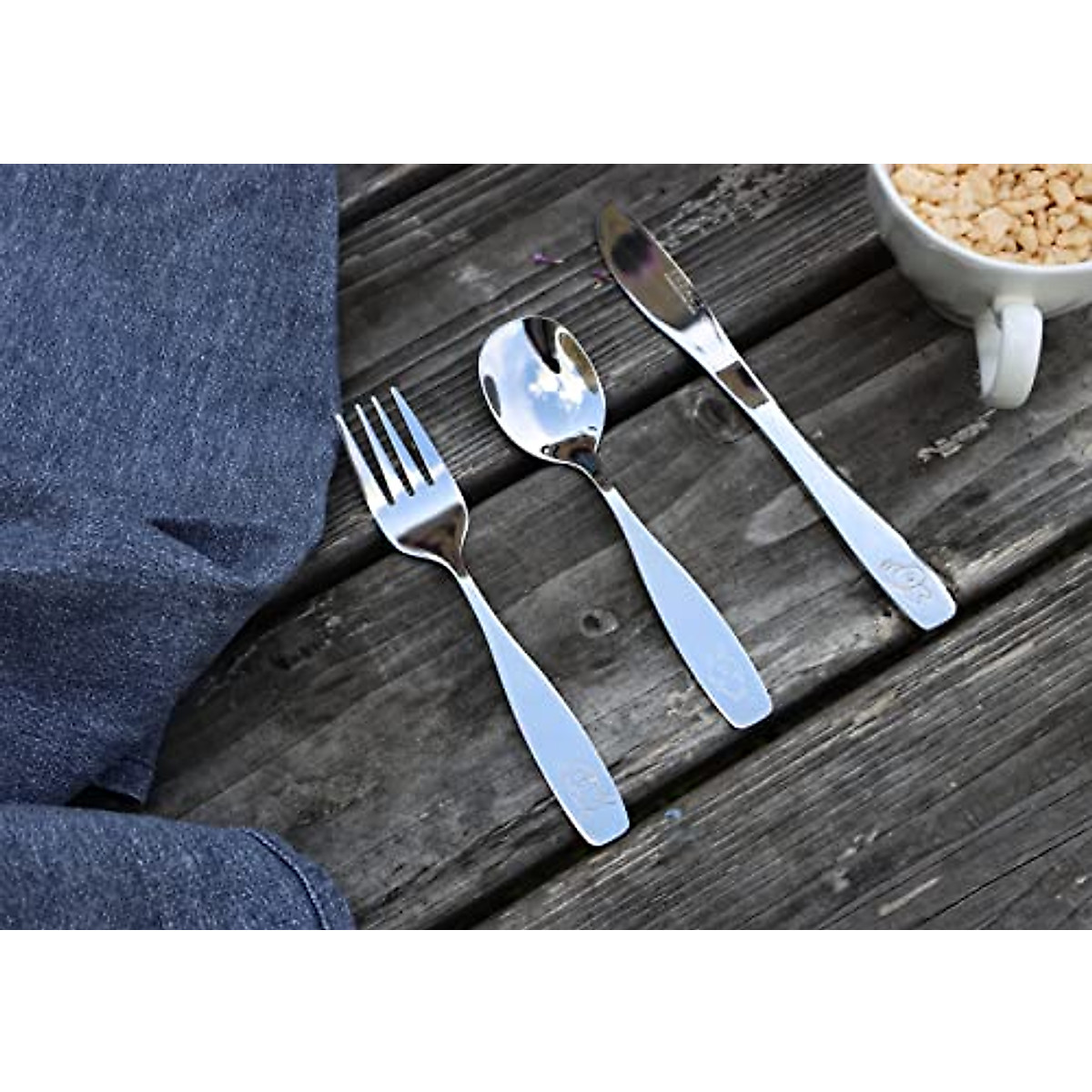 Exzact Children's Flatware Kids Silverware 9pcs/Toddler Utensils 3 x Forks, 3 x Safe Dinnerknives, 3 x Dinner Spoons - Dog Cat Bunny Engraved Design