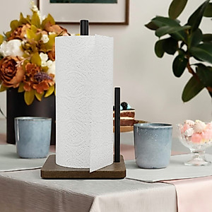 Black Paper Towel Holder Stand with Exquisite Wood Square Base, Niffgaff Free-Standing Paper Towel Roll Dispenser for Kitchen Countertop, Fits Standard and Jumbo Size Rolls