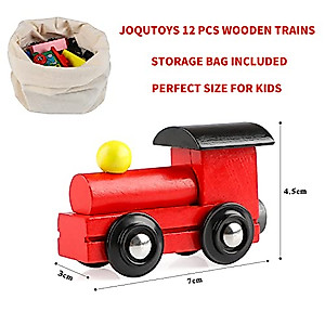 Joqutoys 12 PCS Wooden Train Cars, Train Toys Magnetic Set Includes 3 Engines and Storage Bag, Toy Train Sets for Kids Toddler Boys and Girls, Compatible with Major Brands Train Tracks Set