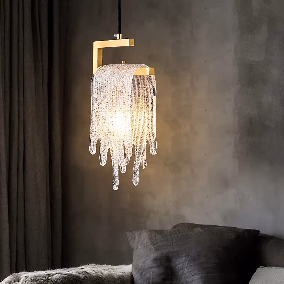 KunMai Modern Gold Pendant Light 1-Light Handmade Glass Waterfall for Bedroom and Living Room