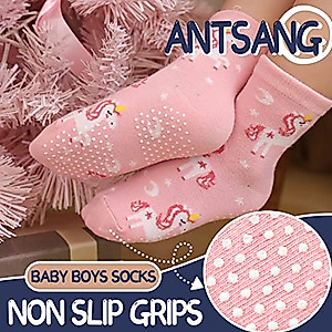 Baby Girls Toddlers Grips Socks Kids Non Slip/Anti Skid Unicorn Striped Crew Cotton Socks 12 Pairs Gift Stocking Stuffers (Girl's-Unicorn Pink(12 Pairs),3-5 Y)