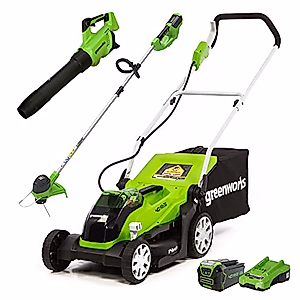 Greenworks 40V 14" Cordless Electric Lawn Mower, Leaf Blower (120 MPH / 500 CFM), String Trimmer, 4.0Ah Battery and Charger