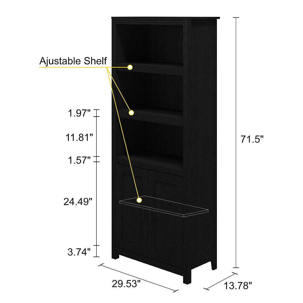 Panana Bookcase with Doors, 5 Shelves Free Standing Display Bookshelf with Cabinet Storage Organizer Home Office Furniture (Black)