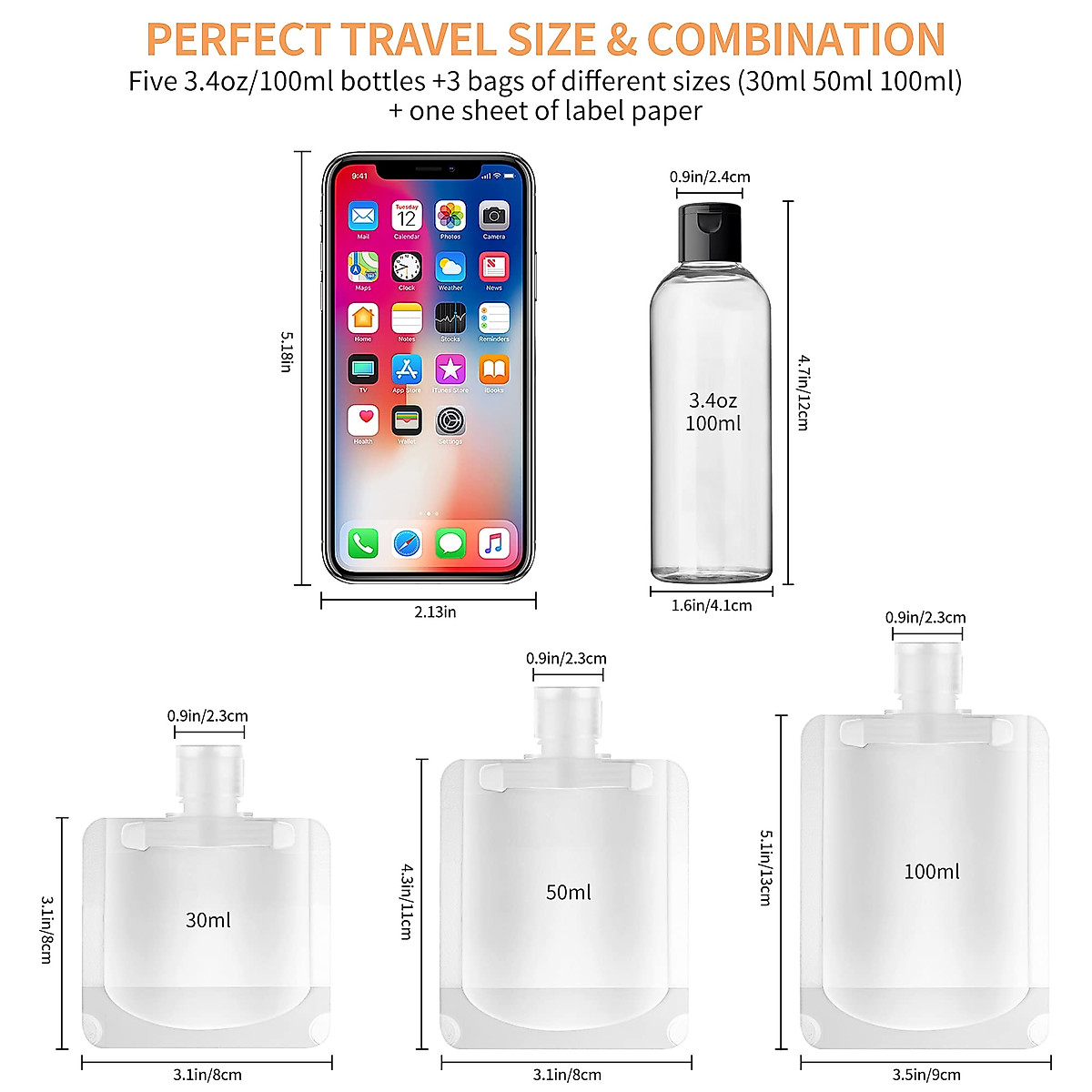 Clear Plastic Empty Squeeze Bottles 5 Pack 3.4oz/100ml Travel Bottles and 3 PCS Refillable Empty Squeeze Pouch TSA Approved Refillable Travel Pouches for Shampoo Conditioner Cosmetics with Lables